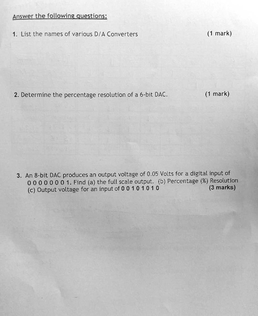 SOLVED: Texts: Answer the following questions: 1. List the names of various D/A Converters. (1 ...