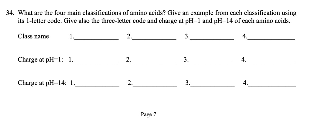 SOLVED: What are the four main classifications of amino acids? Give an example from each ...