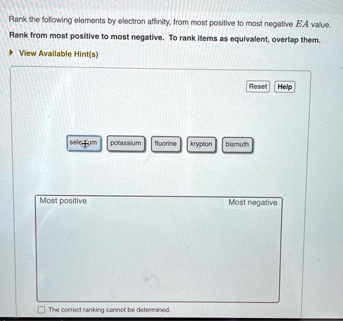 SOLVED: Rank the following elements by electron affinity, from most ...