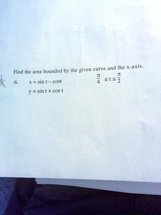 SOLVED: X-axiS. Find the area bounded by the given curve and the 4 stsf x =sin ( - cost y = sin ...