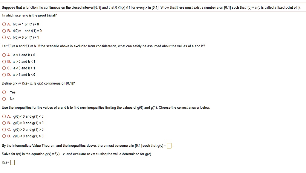 SOLVED: Suppose that function f is continuous on the closed interval [0,1] and that 0