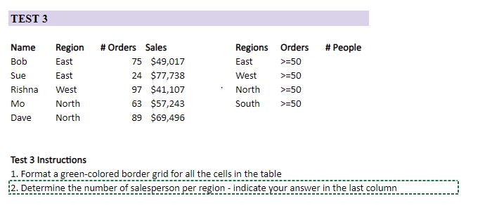TEST 3 Test 3 Instructions 1. Format a green-colored border grid for ...