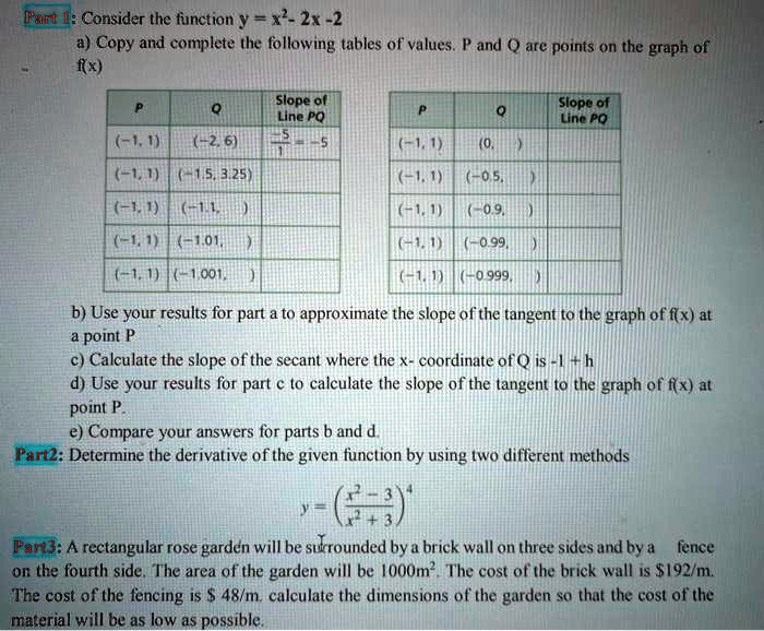 SOLVED: Part 1: Consider the function y=x-2x-2. a) Copy and complete the following tables of ...