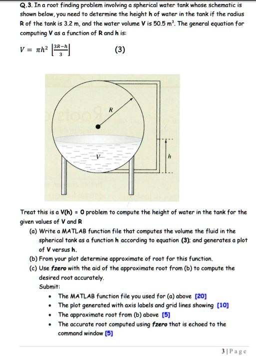 SOLVED: Q.3. In a root finding problem involving a spherical water tank whose schematic is shown ...