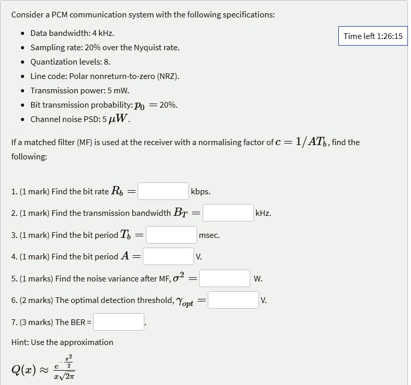 Solved Consider A Pcm Communication System With The Following Specifications Data Bandwidth 4 2849