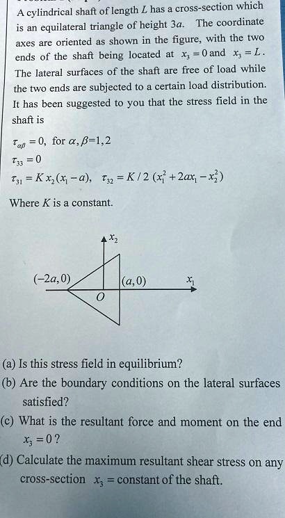 A cylindrical shaft of length L has a cross-section which is an ...