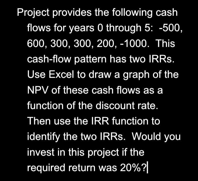 Project provides the following cash flows for years 0 through 5: -500 ...