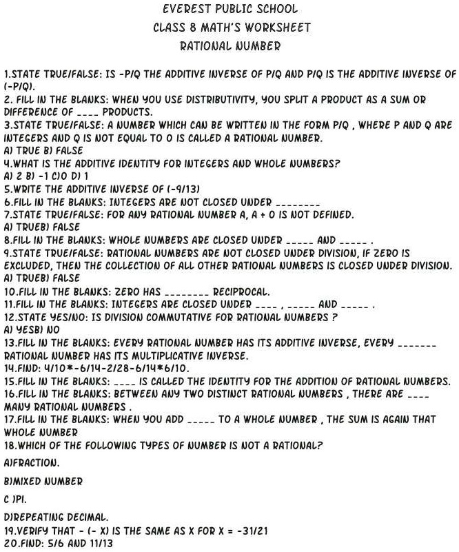 please answer this urgent everest public school class 8 maths worksheet ...