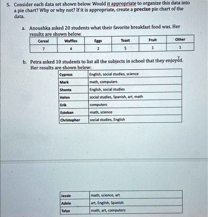 SOLVED: Consider each data set shown below. Would it be appropriate to organize this data into a ...