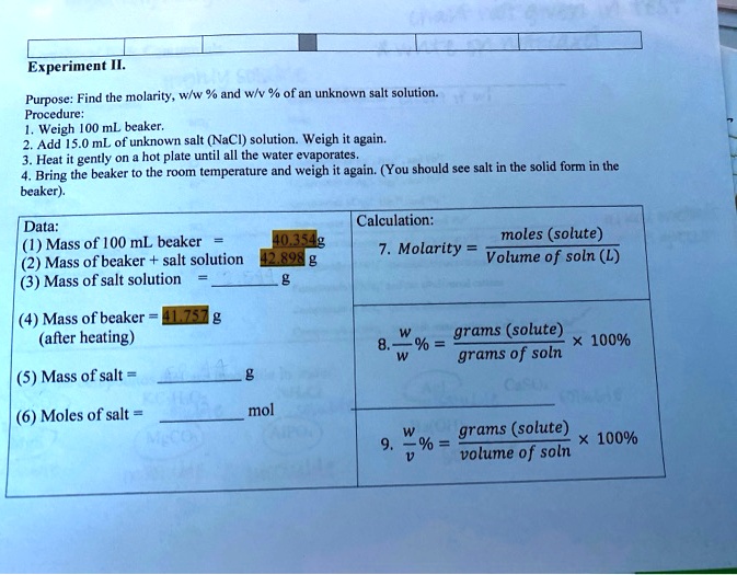 Experiment I: % of an unknown salt solution Purpose: Find the molarity ...