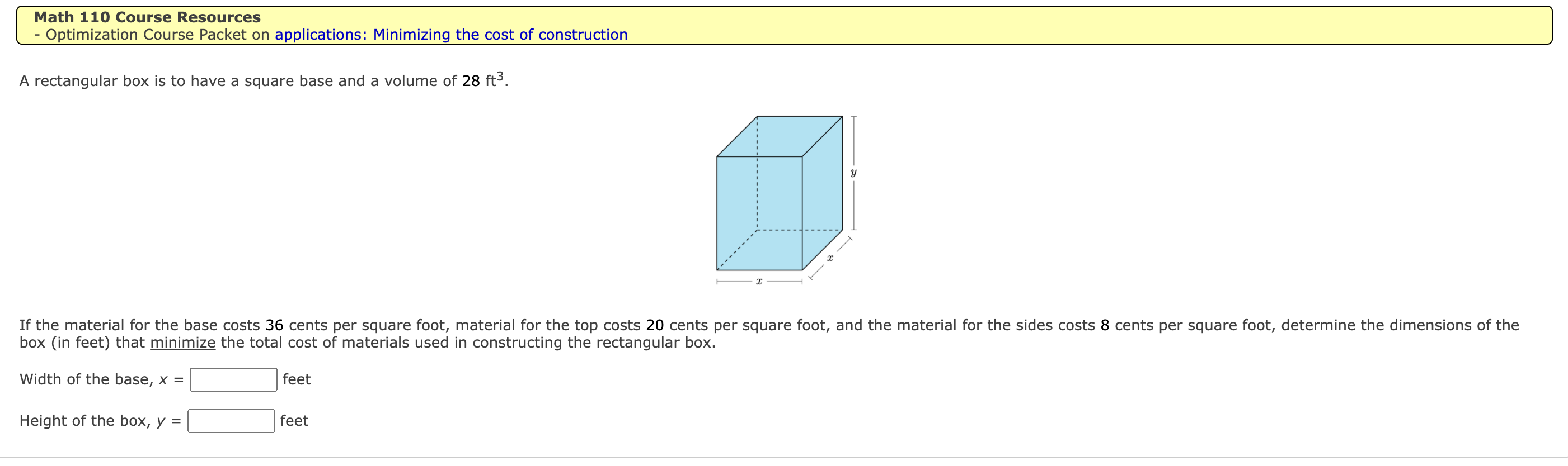 SOLVED: Math 110 Course Resources - Optimization Course Packet on ...
