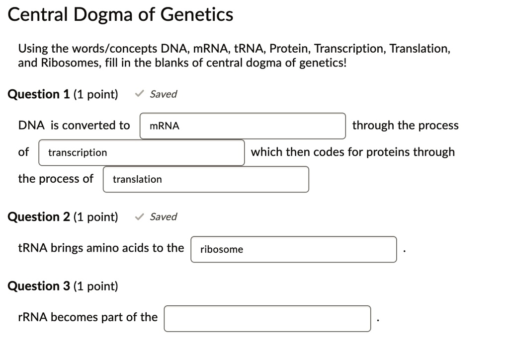 SOLVED:Central Dogma of Genetics Using the words/concepts DNA, mRNA ...