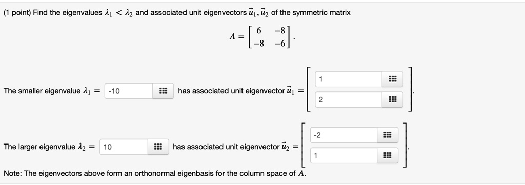 SOLVED: point) Find the eigenvalues 1] 12 and associated unit eigenvectors U , Uz of the ...