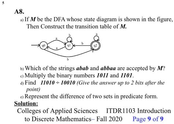 5 A8. a) If M be the DFA whose state diagram is shown in the figure ...