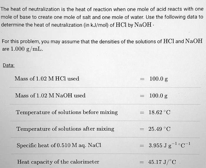 SOLVED: The heat of neutralization is the heat of reaction when one ...