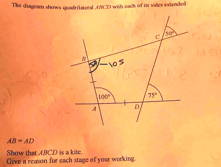 the diagram shows quadrilateral abcd with cach ofits sides extended 50 4 10o 750 ab ad show that ...