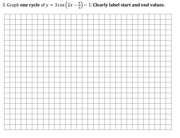 SOLVED: 3. Graph one cycle of y=3 cos(2 x-(π)/(3))-1. Clearly label start and end values.