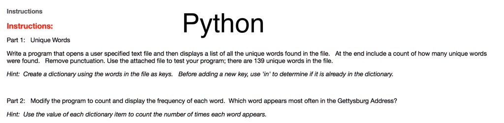 SOLVED: This program must be written in Python. Instructions: Part 1: Unique Words Write a ...