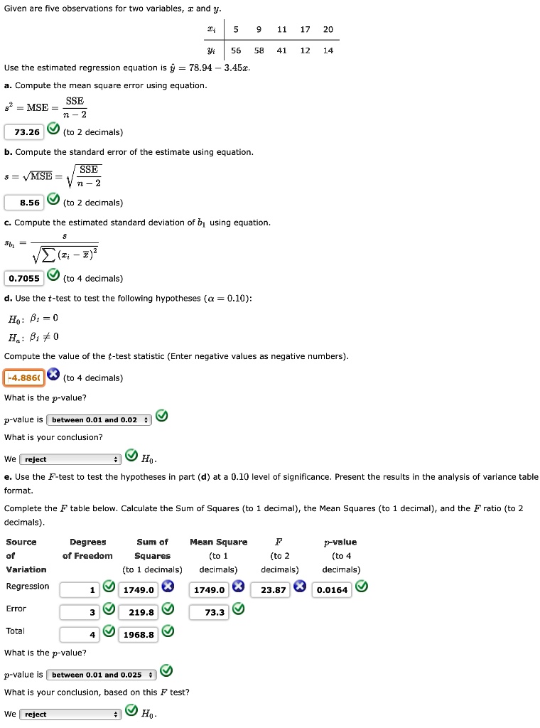 given are five observations for two variables and y 12 use the estimated regression equation f ...