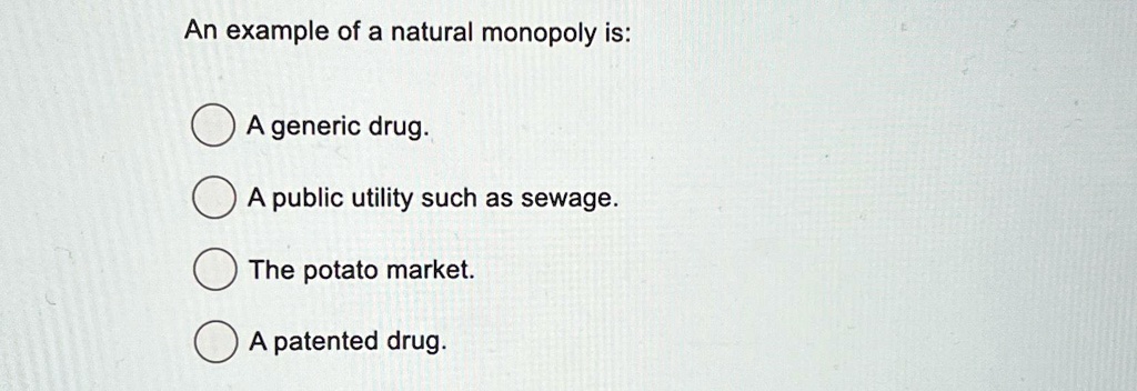 An example of a natural monopoly is: A generic drug. A public utility ...