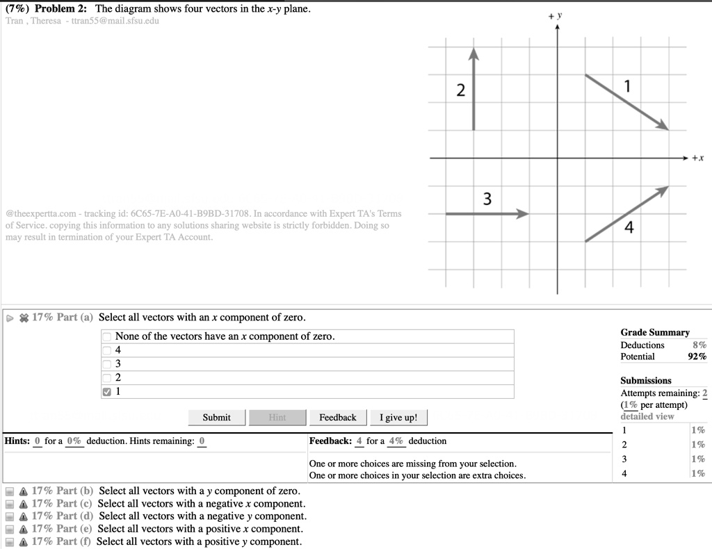 (7%) Problem 2: The diagram shows four vectors in the x-y plane. Tran ...