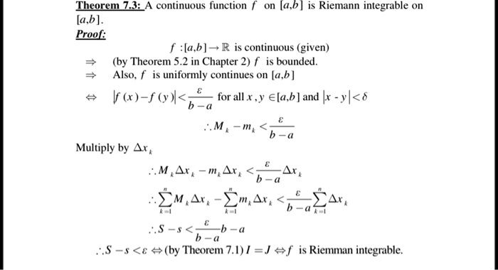 SOLVED:Theorem Li [a,b | . Proof: continuous function on |a,b| is Riemann integrable on f :[ab ...