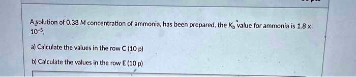 SOLVED: A solution of 0.38 M concentration of ammonia has been prepared ...