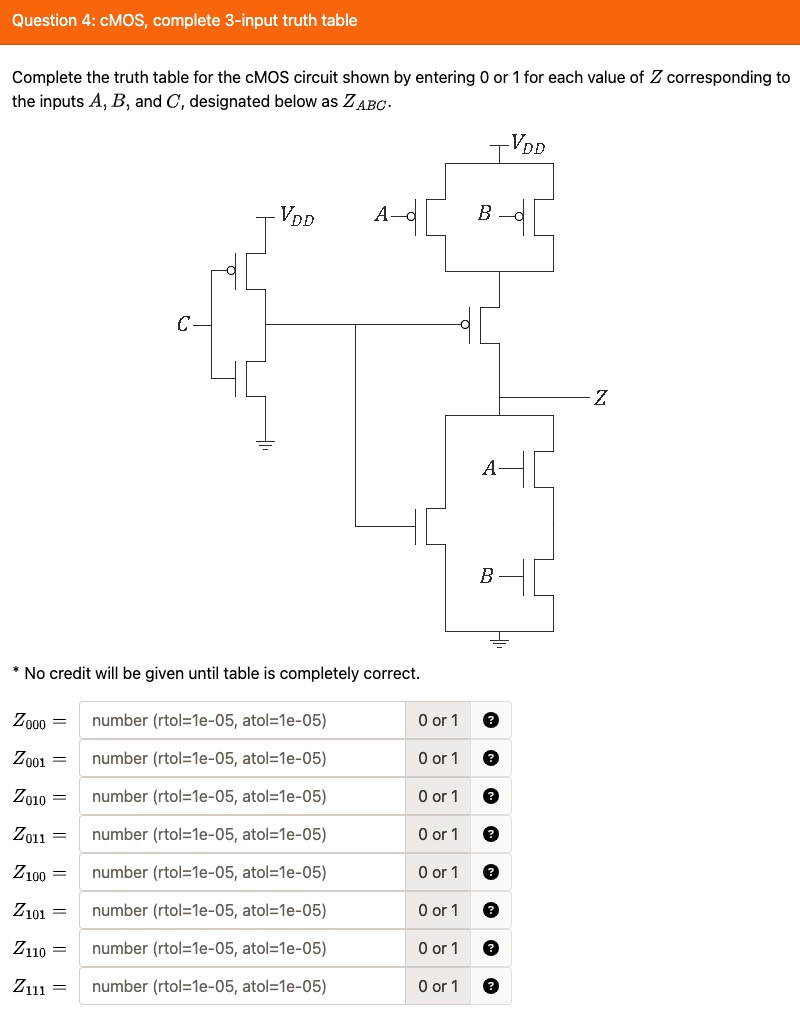 SOLVED: Question 4: cMOS, complete 3-input truth table Complete the ...