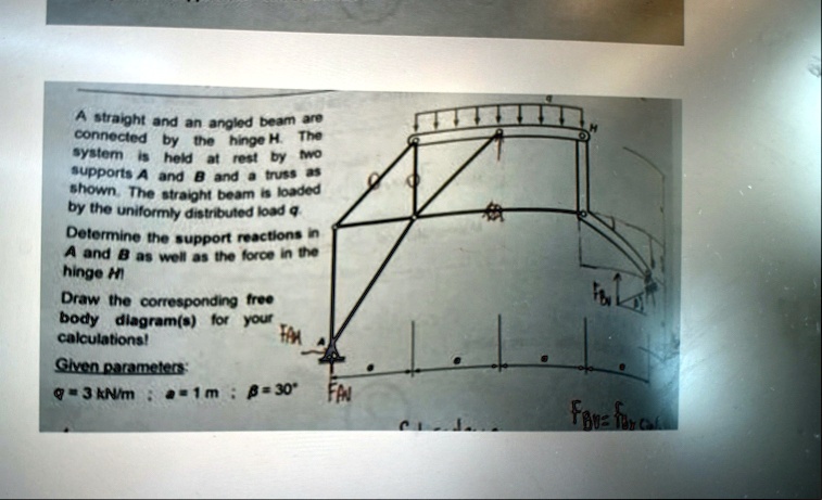 a straight and an angled beam are connected by the hinge h the system ...