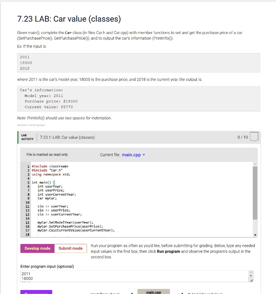 c 723 lab car value classes given maino complete the car class in files carh and carcpp with ...