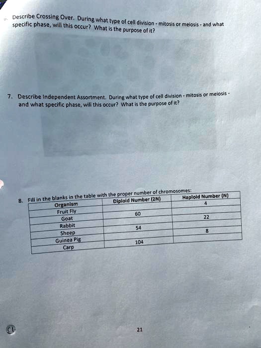 SOLVED: Describe Crossing Over: During what type of cell division, will this occur? Is it ...