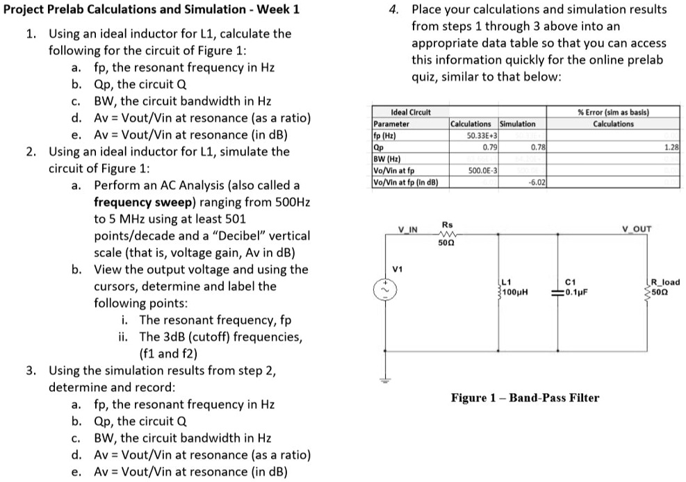 Project Prelab Calculations and Simulation - Week 1 1. Using an ideal inductor for L1, calculate ...