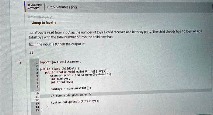 Texts Write In Java Challenge Activity 325 Variables Int Jump To Level 1 Numtoys Is Read From 