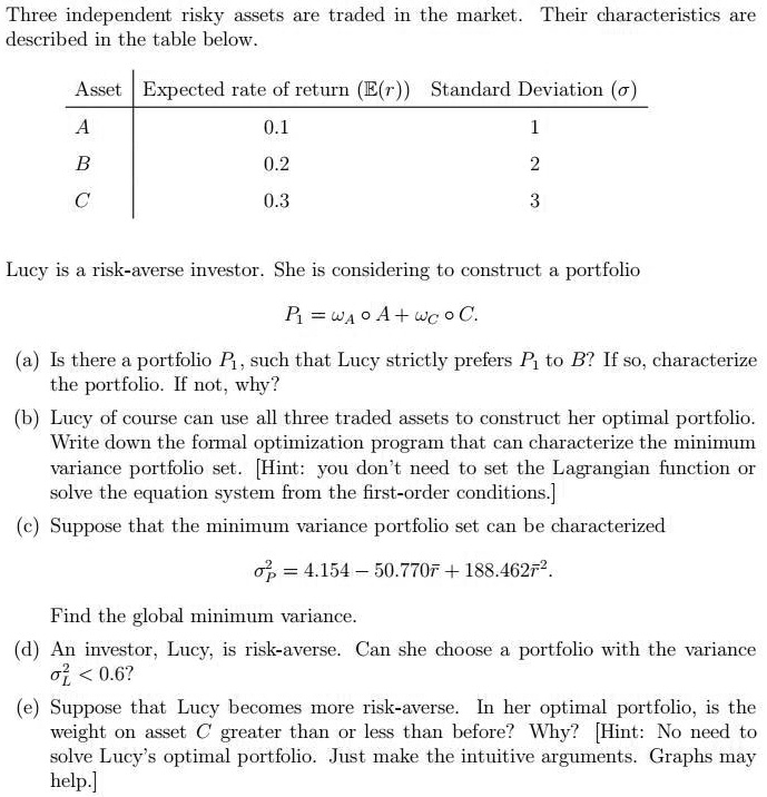 three independent risky assets are traded in the market their characteristics are described in ...