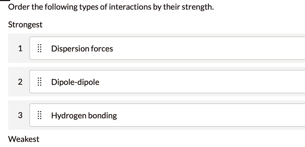 SOLVED: Order the following types of interactions by their strength: Strongest Dispersion forces ...