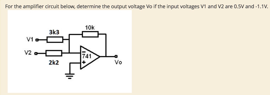 SOLVED: For the amplifier circuit below, determine the output voltage Vo if the input voltages ...