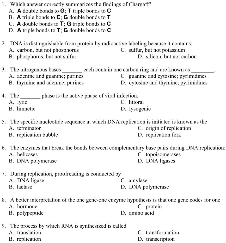 SOLVED: Which answer correctly summarizes the findings of Chargaff? A ...
