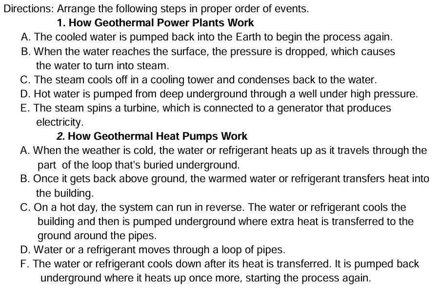 SOLVED: Directions: Arrange the following steps in proper order of events. 1. How Geothermal ...