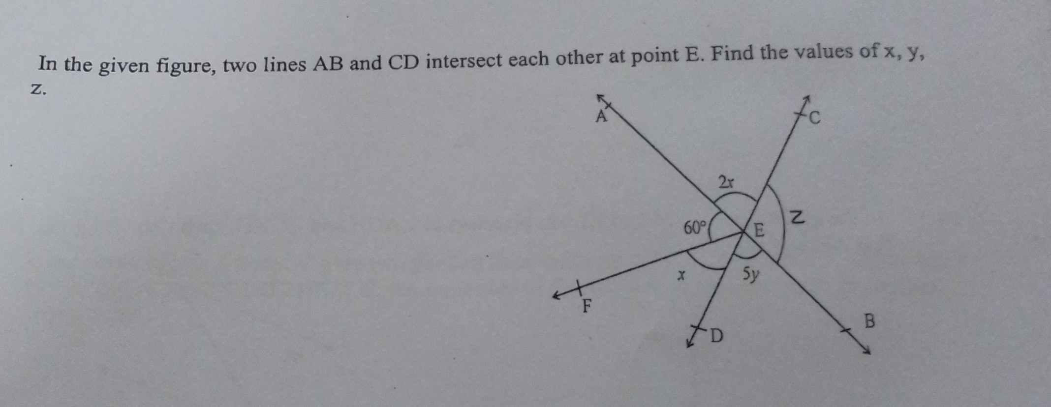 In the given figure, two lines AB and CD intersect each other at point E. Find the values of x ...