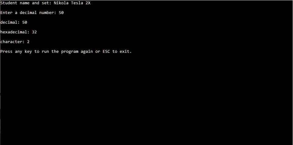 Student name and set: Nikola Tesla 2X Enter a decimal number: 50 ...
