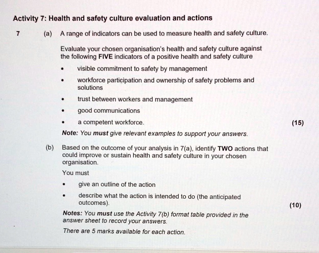 Activity 7: Health and safety culture evaluation and actions 7 (a) A ...