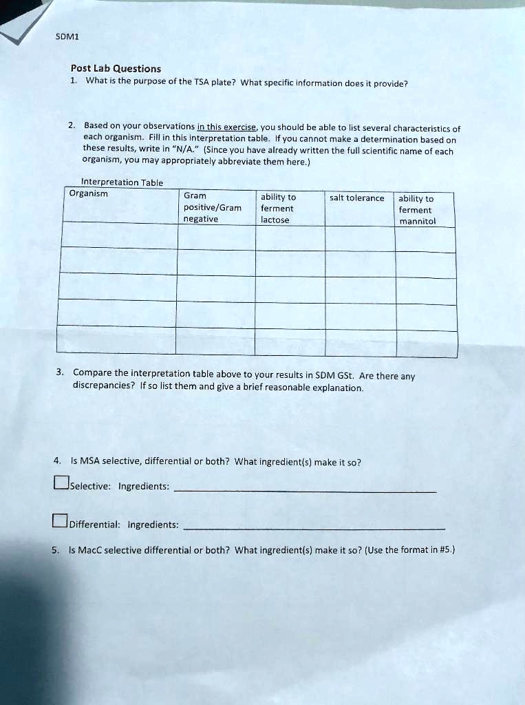 SDM1 Post Lab Questions 1. What is the purpose of the TSA plate? What ...