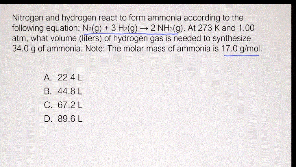 SOLVED: Nitrogen and hydrogen react to form ammonia according to the following equation: N2(g ...