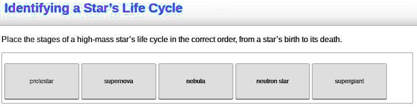 Identifying a Star's Life Cycle Place the stages of a high-mass star's ...