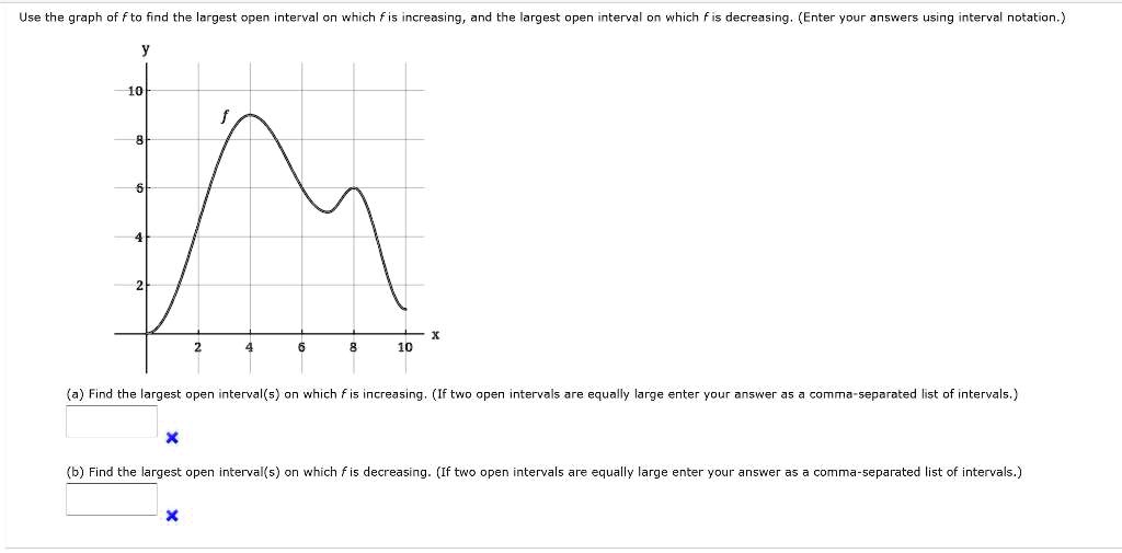 SOLVED: Use the graph of f to find the largest open interval on which f is increasing and the ...