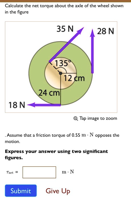 SOLVED: Calculate the net torque about the axle of the wheel shown in the figure 35 N 28 N 1359 ...