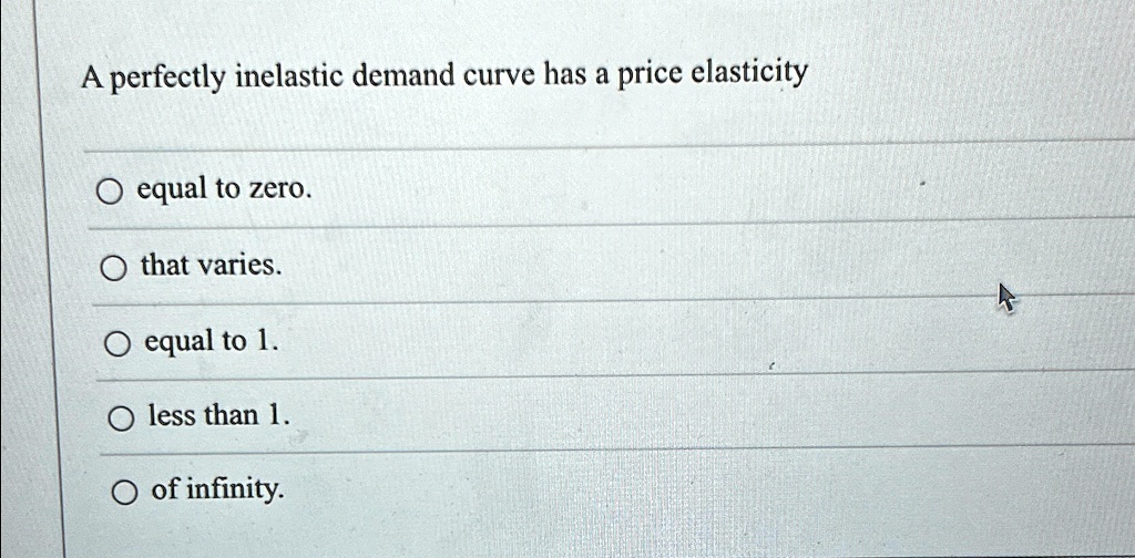 SOLVED: A perfectly inelastic demand curve has a price elasticity equal to zero. that varies ...