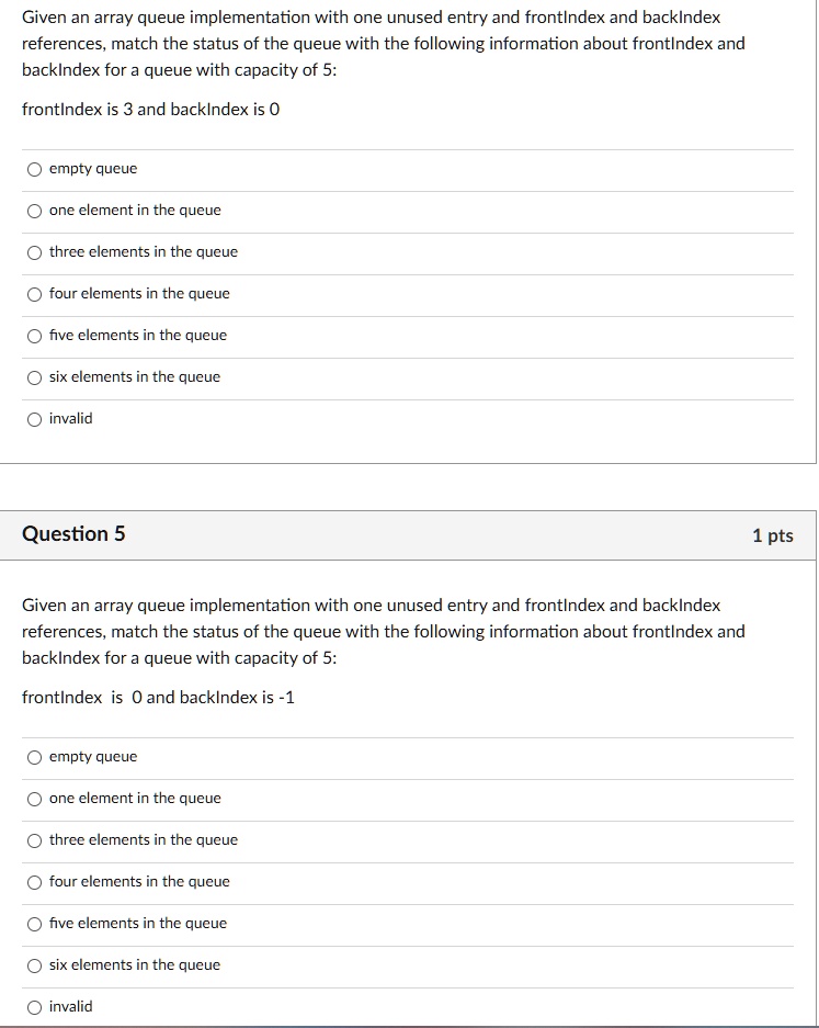 SOLVED: Given an array queue implementation with one unused entry and front index and back index ...