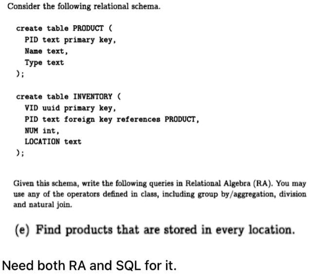Solved Consider The Following Relational Schema Create Table Product Pid Text Primary Key 2662
