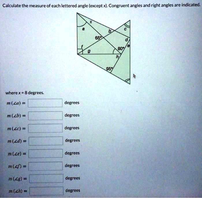 SOLVED: Calculate the measure of each lettered angle (except x). Congruent angles and right ...